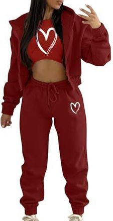 Generic Surv&ecirc;tement d&eacute;contract&eacute; pour femme - Automne et hiver - Ensemble de 3 pi&egrave;ces avec haut gilet et pantalon - Imprim&eacute; coeur - Fermeture &eacute;clair - Pantalon