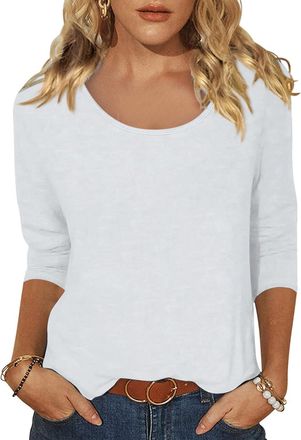 Minetom Damen T-Shirt 3/4 Arm Shirt mit Rundhalsausschnitt Tshirt Sommer Basic Pullover Oberteile Herbst A Wei&szlig; XXL