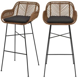 DRAWER Lot de 2 tabourets de bar en rotin H76cm - Bois fonc&eacute; - Nunuhai