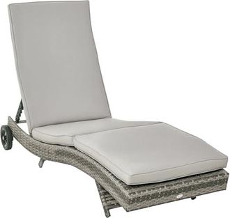 OUTSUNNY Bain de Soleil transat Grand Confort - Dossier inclinable 5 Positions roulettes - Matelas d&eacute;houssable Inclus - r&eacute;sine tress&eacute;e Grise