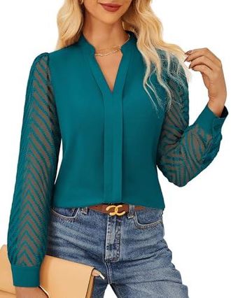 Grace Karin Chemisier &eacute;l&eacute;gant textur&eacute; &agrave; manches semi-transparentes pour femme, chemise de travail Henry classique &agrave; col en V, bleu paon, XXL