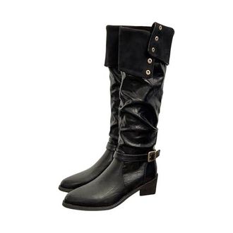 Generic Bottes montantes au genou pour femme - Bout pointu - Style d&eacute;contract&eacute; - &Eacute;l&eacute;gantes - Couleur unie - Boucle - Talon &eacute;pais - Confortables - &Agrave; enfiler, N