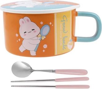 La Chineuse Nudelschüssel Instant - Asiatische Ramenschale - Porzellan - Motiv Kaninchen - 1000 ml - mit Deckel und Besteck - Frühstück, Suppe, Reis - Geschenkide