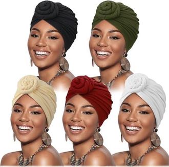 Dreshow 5 Pièces Turban Africain pour Femme Bonnet Pré-noué Bonnet Chimio Casquette de Perte de Cheveux Chapeau