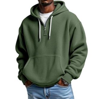 Generic Sweat &agrave; capuche d&eacute;contract&eacute; &agrave; manches longues et fermeture &eacute;clair gaufr&eacute;e de couleur unie pour homme, ample et confortable, vert fonc&eacute;, XXL