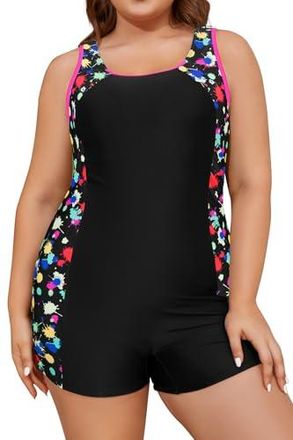 SHEKINI Maillot de Bain Sportif Grande Taille Femme 1 Pièce (4XL, Noir-SCW)