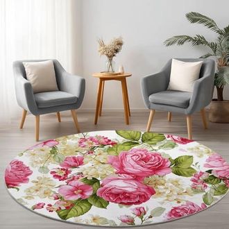 Generic Rose Tapis Ancien Rond Antid&eacute;rapant, Lumineux Floral Motif Doux Tapis Poils Courts pour Salon Couloir Chambre Cuisine Descente de Lit - 120 cm