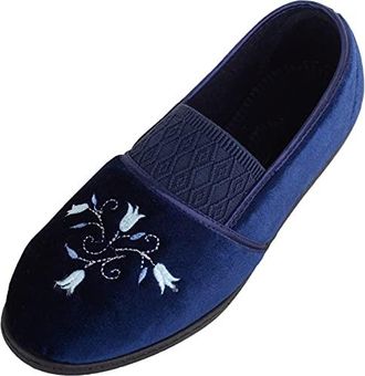 Absolute Footwear Pantoufles en velours pour femme avec &eacute;lastique sur le devant et motif floral contrast&eacute; - Bleu - bleu marine, 39 EU