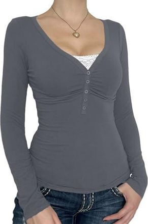 Generic Chemise à manches longues Henley pour femme, haut basique à boutons, coupe ajustée, hiver, printemps, mignon, décontracté, basique, gris foncé, XL