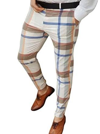 TOMWELL Pantalons Homme D&eacute;contract&eacute; &agrave; Carreaux Pantalon Classique Slim Pantalon Vintage Homme Taille Haute Pantalon Chino Beige S