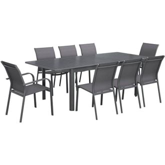Sweeek Table de jardin extensible aluminium et textil&egrave;ne anthracite. 6 chaises. 2 fauteuils. 8 places. 236.5 x 100 x 75 cm