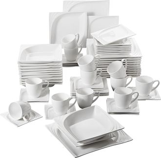 Malacasa Serie Monica, Geschirrset f&uuml;r 12 Personen 60 TLG. CremeWei&szlig; Porzellan Kombiservice Tafelservice mit je 12 Kaffeetassen, 12 Untertassen, 12 Kuchentelle
