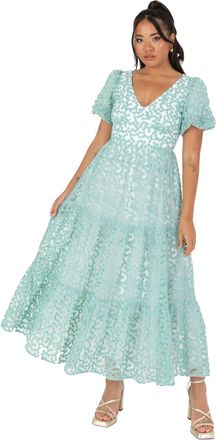 Maya Damen Womens Ladies Midi Dress V-Neck Short Puff Sleeves Keyhole Back Floral Embroidery Tie Bow A-line for Wedding Guest Prom Kleid, Vert Menthe, 52