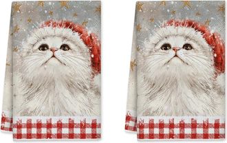 Generic Küchentücher mit Katzenmotiv, Weihnachtsmannmütze, Sterne, Rot, zum Trocknen der Küche, Handtücher, für den täglichen Gebrauch, 40,6 x 61 cm, 2 Stück