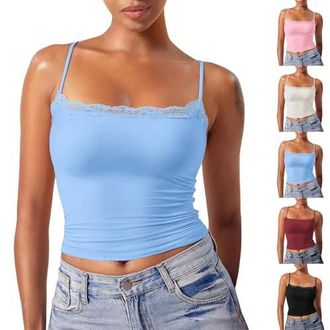 Generic D&eacute;bardeur en dentelle pour femme - Blanc &eacute;l&eacute;gant - Bretelles spaghetti - Haut en dentelle - &Eacute;l&eacute;gant - Sans manches - Stretch - Basique - Coupe ajust&eacute;e