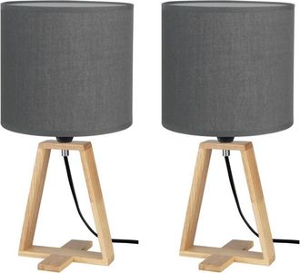 Forlight Nuts - (2 uds) Lámpara de Mesa de Estilo Nórdico. Para Mesita de Noche de Madera Natural y Textil de Color Gris. E27