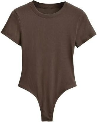 Generic YUJIEBB Body d&eacute;t&eacute; &agrave; manches courtes et col rond pour femme, tricot, extensible, mince, 14 couleurs, c7, S