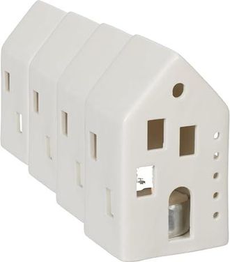 Relaxdays Teelichthaus Keramik, Leuchth&auml;uschen f&uuml;r 1 Teelicht, H x B x T: 12 x 7 x 6 cm, Teelichthalter Haus, wei&szlig; (Packung mit 4)