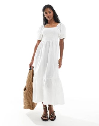 Accessorize Accesorize - Robe fronc&eacute;e &agrave; manches bouffantes avec d&eacute;tail brod&eacute; - Blanc