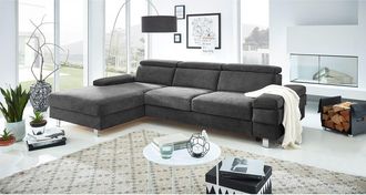 Fredriks home24 Ecksofa Mundau Grau/Dunkelgrau Webstoff Cuna 260 x 82 x 182cm Longchair davorstehend links mit Schlaffunktion Modern