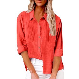 Generic Hauts d&eacute;t&eacute; amples en lin pour femmes, chemisiers d&eacute;contract&eacute;s &agrave; boutons, d&eacute;contract&eacute;s, &eacute;l&eacute;gants, &agrave; manches longues, pour le bureau, le travail, Rouge-