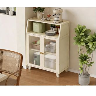 Generic Sideboard in Massivholzoptik mit halbtransparenten Glast&uuml;ren Offene Regalb&ouml;den + Schubladen Stauraum for das Esszimmer, Teeschrank und Wohnzimmer(Whit