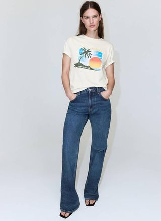 Mango T-shirt en coton imprim&eacute; beige - Femme - XS - MANGO