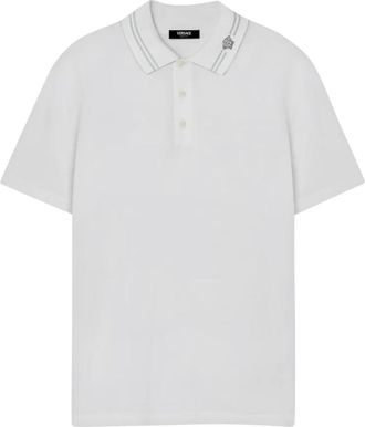 Versace Homme, Tops, Blanc, Taille: L Polo en Piqu&eacute; de Coton Brod&eacute;