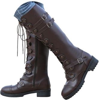 Generic Bottes hautes pour femme - Bottes &agrave; lacets tendance avec boucle - Bout rond - Talons &eacute;pais - En cuir denim - Bottines dhiver d&eacute;contract&eacute;es &agrave; talon com