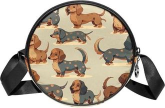 Generic Petit sac &agrave; bandouli&egrave;re circulaire pour femme, motif teckel avec fermeture &eacute;clair, bretelles r&eacute;glables, sac &agrave; main rond d&eacute;contract&eacute; pour femmes et fil