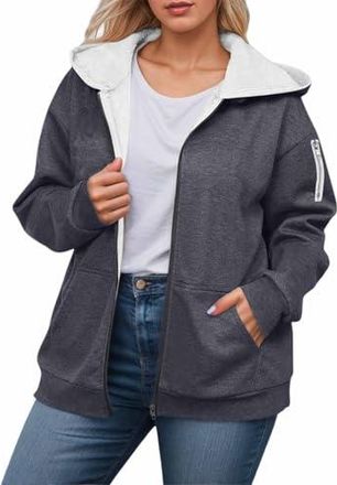 Generic 2026 Vestes &agrave; capuche &agrave; fermeture &eacute;clair pour femme - Manches longues - Veste l&eacute;g&egrave;re d&eacute;contract&eacute;e 2025, gris, 4XL