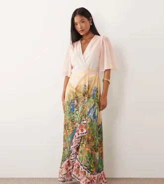 Hope & Ivy Petite Robe portefeuille longue avec manches &eacute;vas&eacute;es et imprim&eacute; fleuri - Rose-Vert