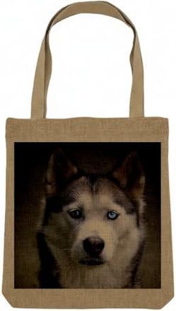 Fabulous Sac Shopping Tote Bag Aspect Lin - Magnifique Husky Gros Chien Poil Long Portrait Yeux Vairons - Sac de Courses Toile Epaisse 360g Beige Naturel Cabas