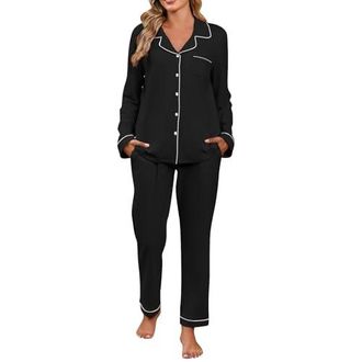 Generic Ensemble de v&ecirc;tements de d&eacute;tente pour femme, v&ecirc;tements de nuit &agrave; manches longues avec boutons et pantalon &agrave; jambes larges, coupe r&eacute;guli&egrave;re, &eacute;l&eacute;gant im