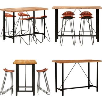 vidaXL 5-tlg. Bar-Set Massivholz und Echtleder - Barset - Massivholz