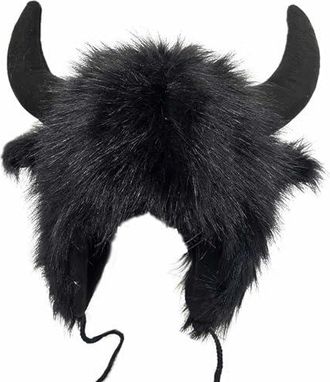Generic Bonnet de No&euml;l pour homme avec cornes et cache-oreilles en fourrure - Chapeau dhiver - Visage de buffle - Oreilles moelleuses - Chapeau &agrave; rabat pour h