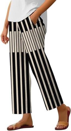 Generic Robe boh&egrave;me d&eacute;contract&eacute;e pour femme - Imprim&eacute; floral - Pantalon en lin &agrave; rayures - Taille &eacute;lastique - Cordon de serrage - Pour l&eacute;t&eacute;, le printemps, la 