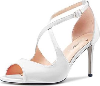 Castamere Femmes Aiguille Haut High Talon Heel Ouvert Bout Lanières Croisées Sandales Mariage Party Dress 8 CM Heels Blanc Satin 38 EU