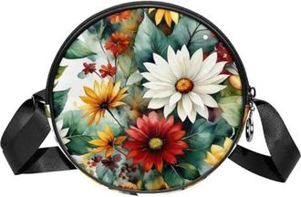 Generic Petit sac &agrave; bandouli&egrave;re circulaire pour femme, motif feuilles florales, sac &agrave; dos avec fermeture &eacute;clair, bretelles r&eacute;glables, sac &agrave; main rond d&eacute;contra