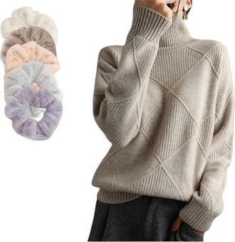 Generic Pull tricoté à col roulé à motif losanges pour femme, pull à manches longues pour automne, coupe ajustée, pull surdimensionné, gris, XXL