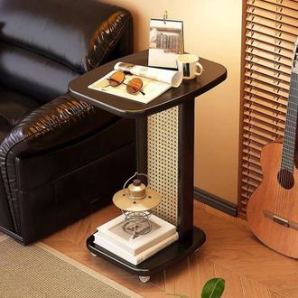 Generic Beistelltische F&uuml;Rs Wohnzimmer, C-F&ouml;Rmiger Tisch F&uuml;Rs Sofa Mit 360&deg;-Rolle, Tischplatte Aus Massivholz, Doppelstangenhalterung F&uuml;Rs Schlafzimmer