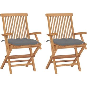 vidaXL Vidaxl - Gartenst&uuml;hle mit Grauen Kissen 2 Stk. Massivholz Teak
