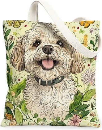 Generic Sac fourre-tout en toile motif chien cavachon printanier 33 x 38,1 cm, sac d&eacute;picerie r&eacute;utilisable pour femme, peinture danimaux domestiques, d&eacute;coratio