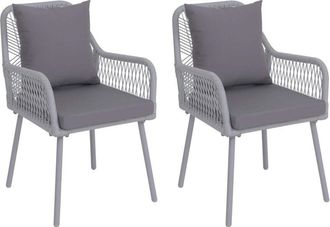 Hhg 2er-Set Gartenstuhl HHG-475, Outdoor Sitz-/R&uuml;ckenpolster Aluminium Seilgeflecht Rope hellgrau, Bezug hellgrau