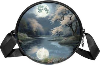 Generic Tranquil Lake Petit sac &agrave; bandouli&egrave;re rond d&eacute;contract&eacute; avec fermeture &eacute;clair et bretelles r&eacute;glables pour femme et fille