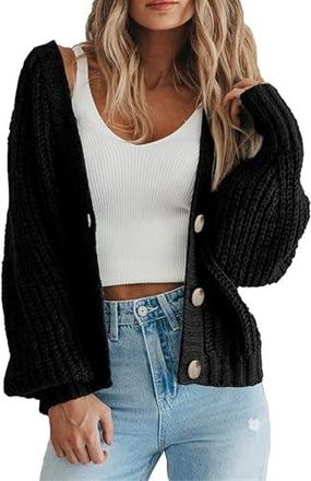 Generic Pull en tricot épais ouvert sur le devant pour femme, manches longues, cardigan court ample pour superposition décontractée, Noir, 3XL
