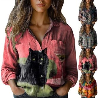 Generic HUIFUAO Chemise Femme Lin Coton Manche Longue Shirt Grande Taille Chemise et Blouses Chic et &eacute;l&eacute;gant Haut Basique Imprim&eacute; Tunique Tops avec Poche (A09