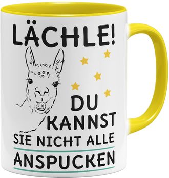 OM3 Lächle du kannst sie nicht alle anspucken Lama Kaffee-Tasse mit Spruch - Motiv Alpaka - Keramik Becher - 325ml - Beidseitig Bedruckt - Gelb