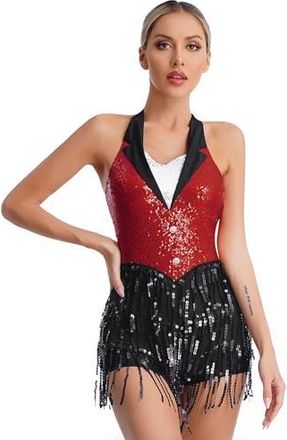 dPois Justaucorps Danse Latine Femme Dos Nu Body Gymnastique Brillants Paillettes Tenue Danse Moderne Jazz Combinaison Patinage Costume Spectacle Rouge XXL