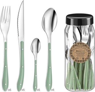 Amefa Besteck Bistro 1-2-3, Tafelbesteck f&uuml;r 6 Personen, 18/0 Edelstahl mit Kunststoffgriff in Trendfarbe, wassergr&uuml;n, 24-teilig